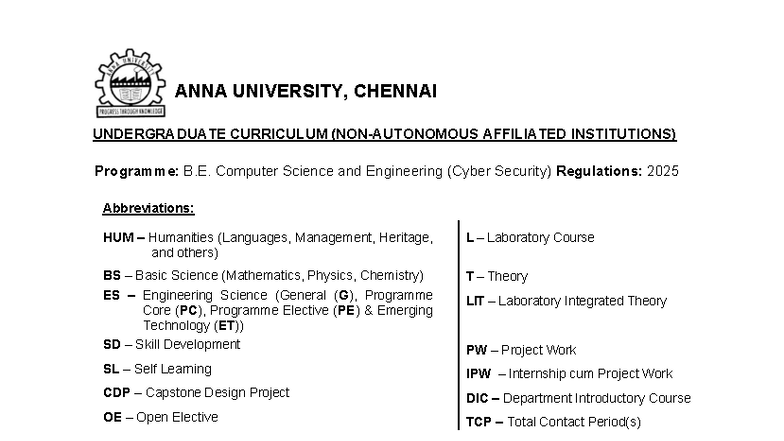 B.E. CSE (Cyber Security) 2025 Curriculum Overview and Course Details - Studocu