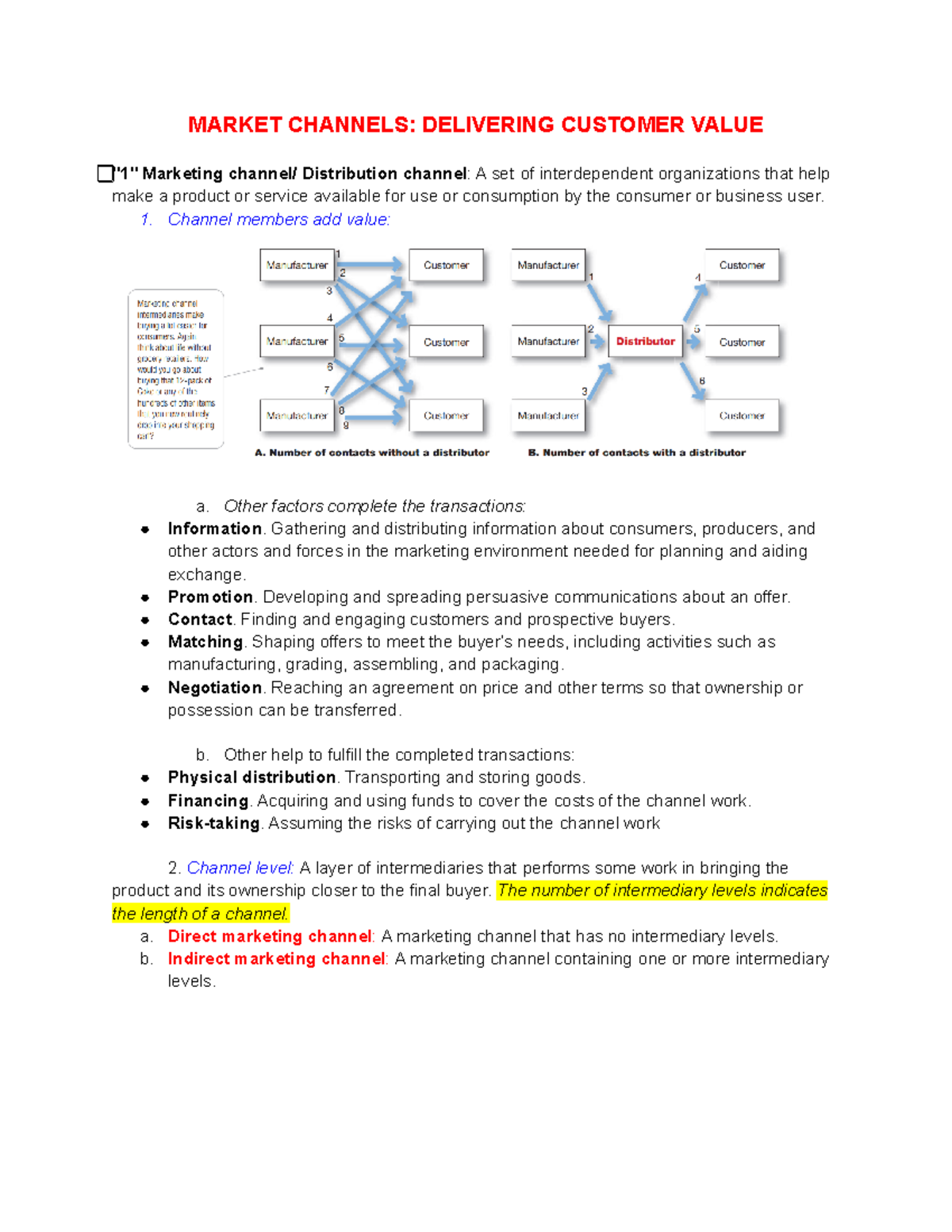 Chapter 12 Revision - MARKET CHANNELS: DELIVERING CUSTOMER VALUE ⃣ "1 ...
