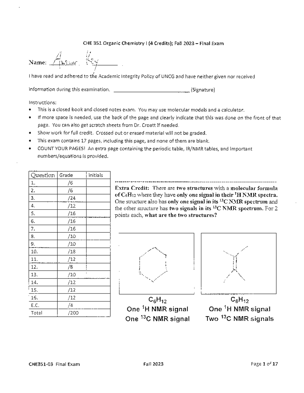 Final Exam Key Fall 2023 - CHE 351 Organic Chemistry I (4 Fall 2023 ...