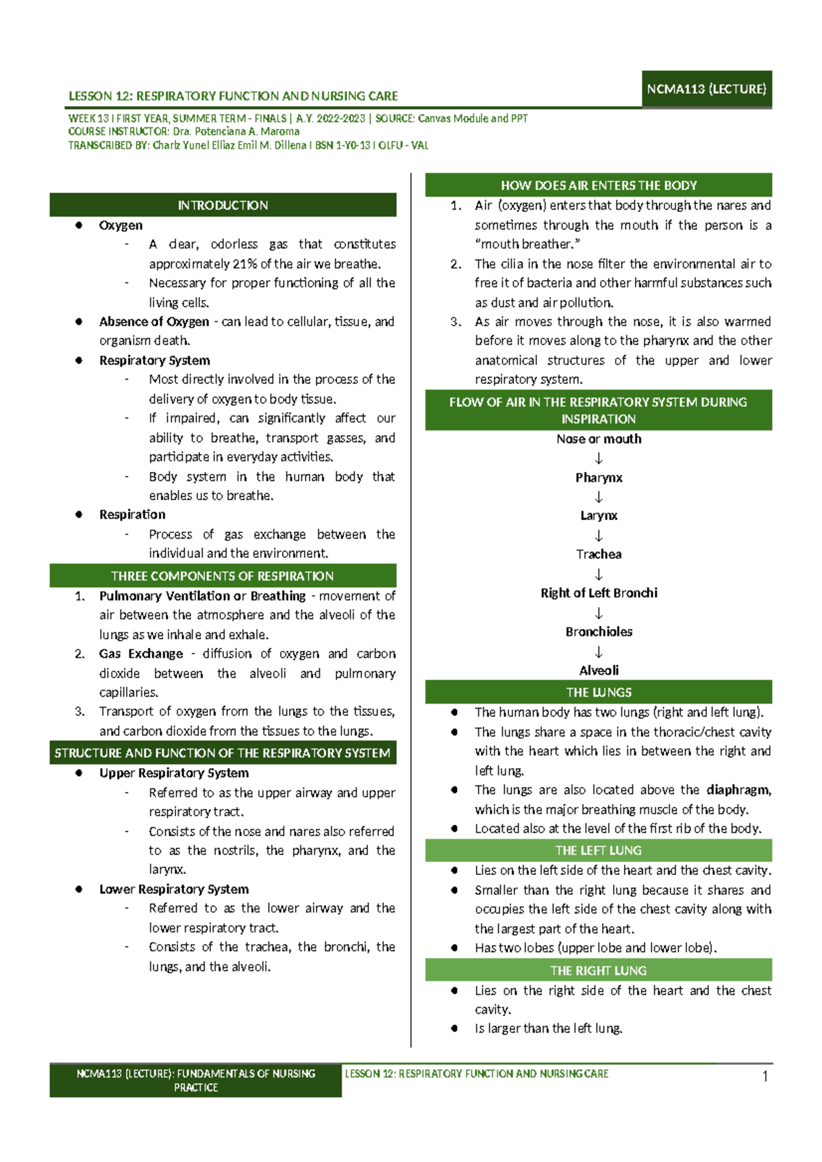 NCMA113 (LECTURE) WEEK 13: RESPIRATORY FUNCTION & NURSING CARE - Studocu