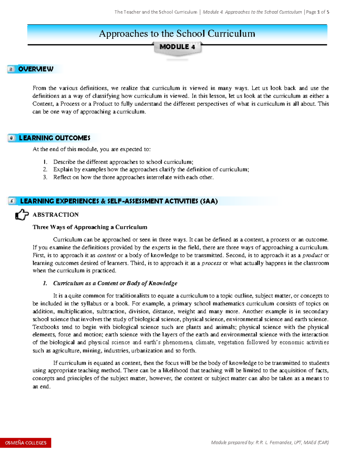 Module 4 - Approaches to the School Curriculum - Approaches to the ...