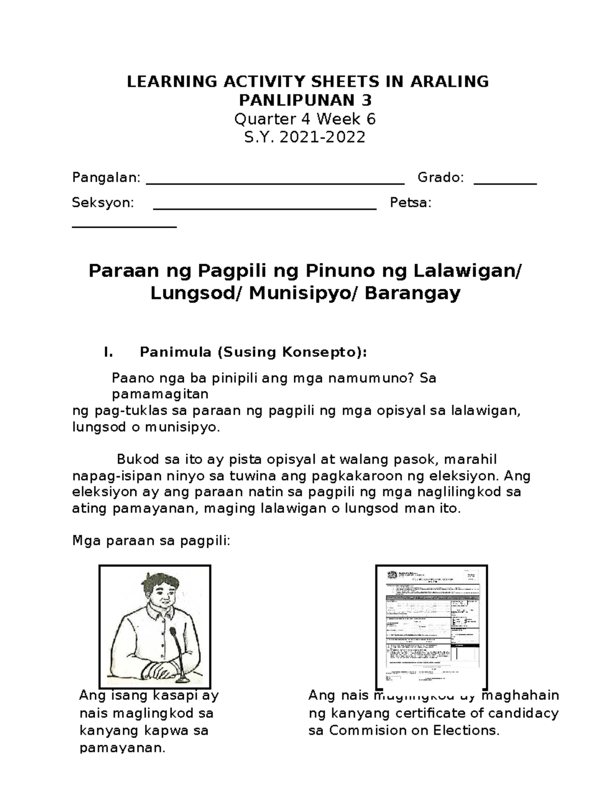Arpan 3Q4W6LAS - Week 6 Learner Assessment in Araling Panlipunan - Studocu