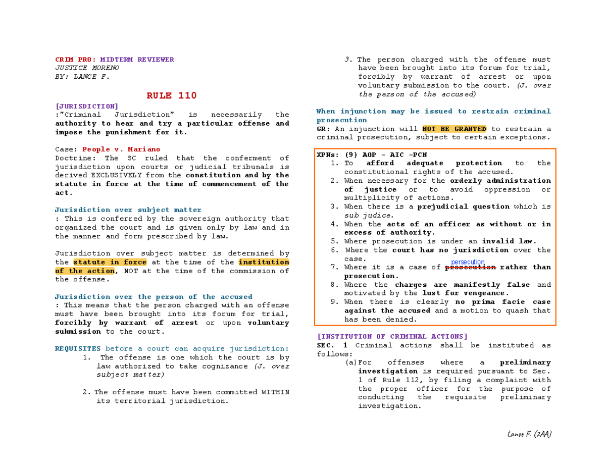 CRIM PRO - Midterm Review Notes by Lance F. (Justice Moreno) - Studocu