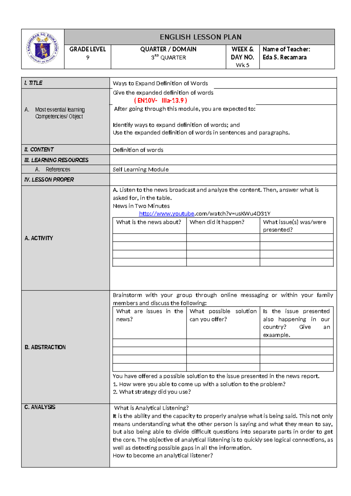 English Lesson PLAN - ENGLISH LESSON PLAN GRADE LEVEL 9 QUARTER ...