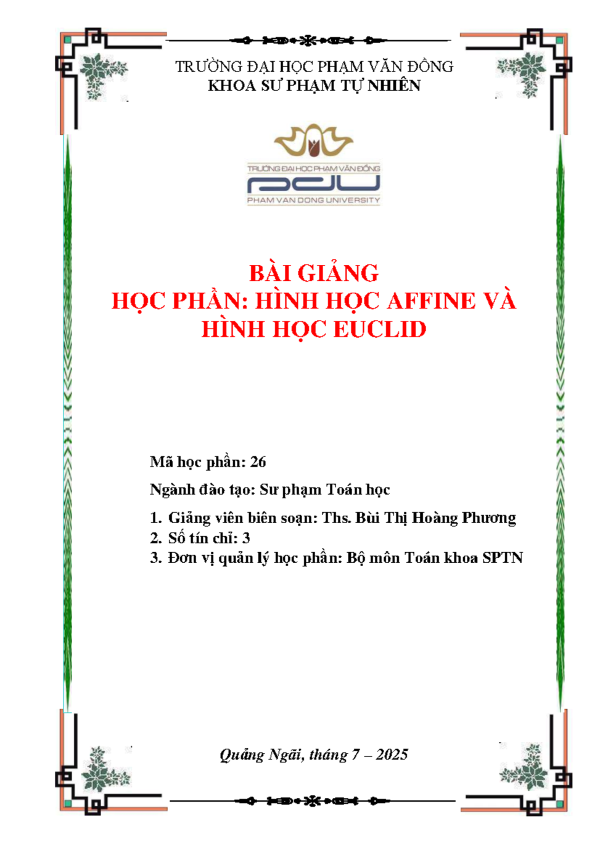 BTH Phương - Bài Giảng Hình Học Affine và Euclid (Mã: 26) - Studocu
