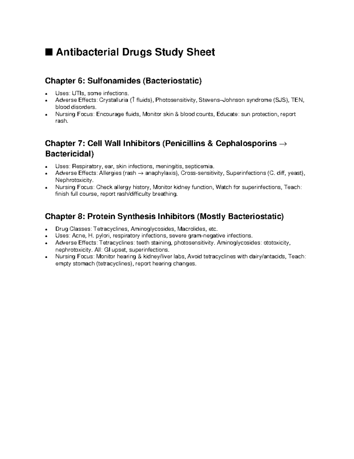 Antibacterial Drugs Study Sheet: Key Points from Chapters 6-8 - Studocu