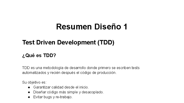Resumen Diseño 1 - Metodología TDD y Clean Code - Studocu