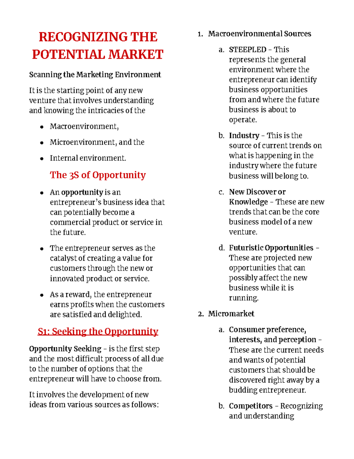 Entrepreneurship Recognizing the Potential Market notes - RECOGNIZING ...