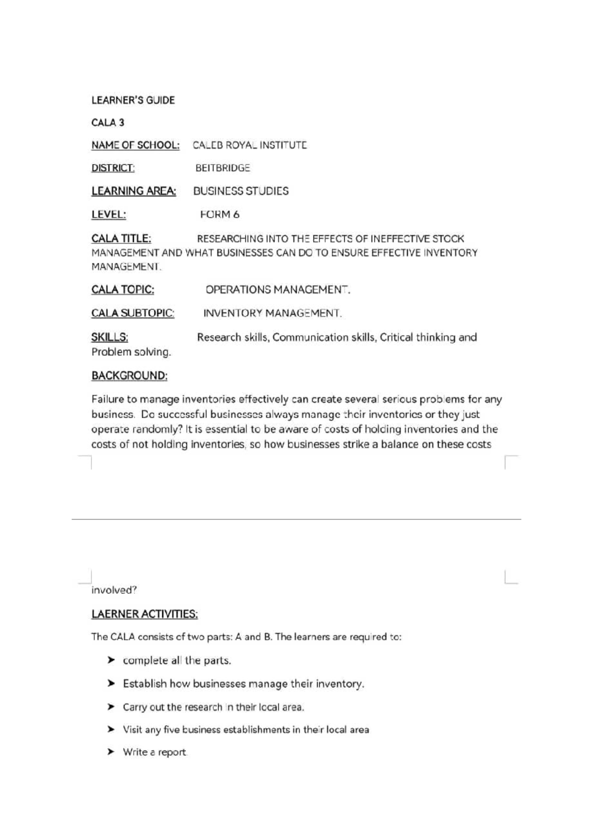 CALA 3: Effective Inventory Management in Business Studies - Form 6 ...