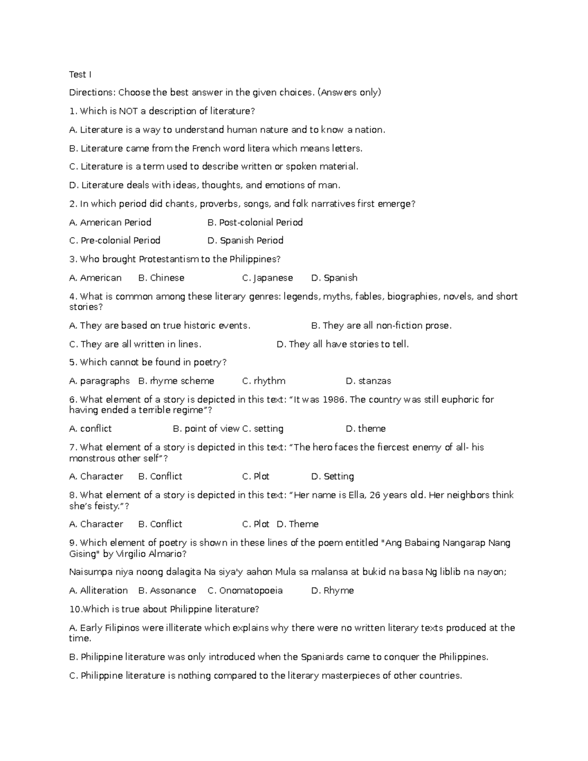 Quiz #2 Review for 21st Century Literature - Quiz - Studocu