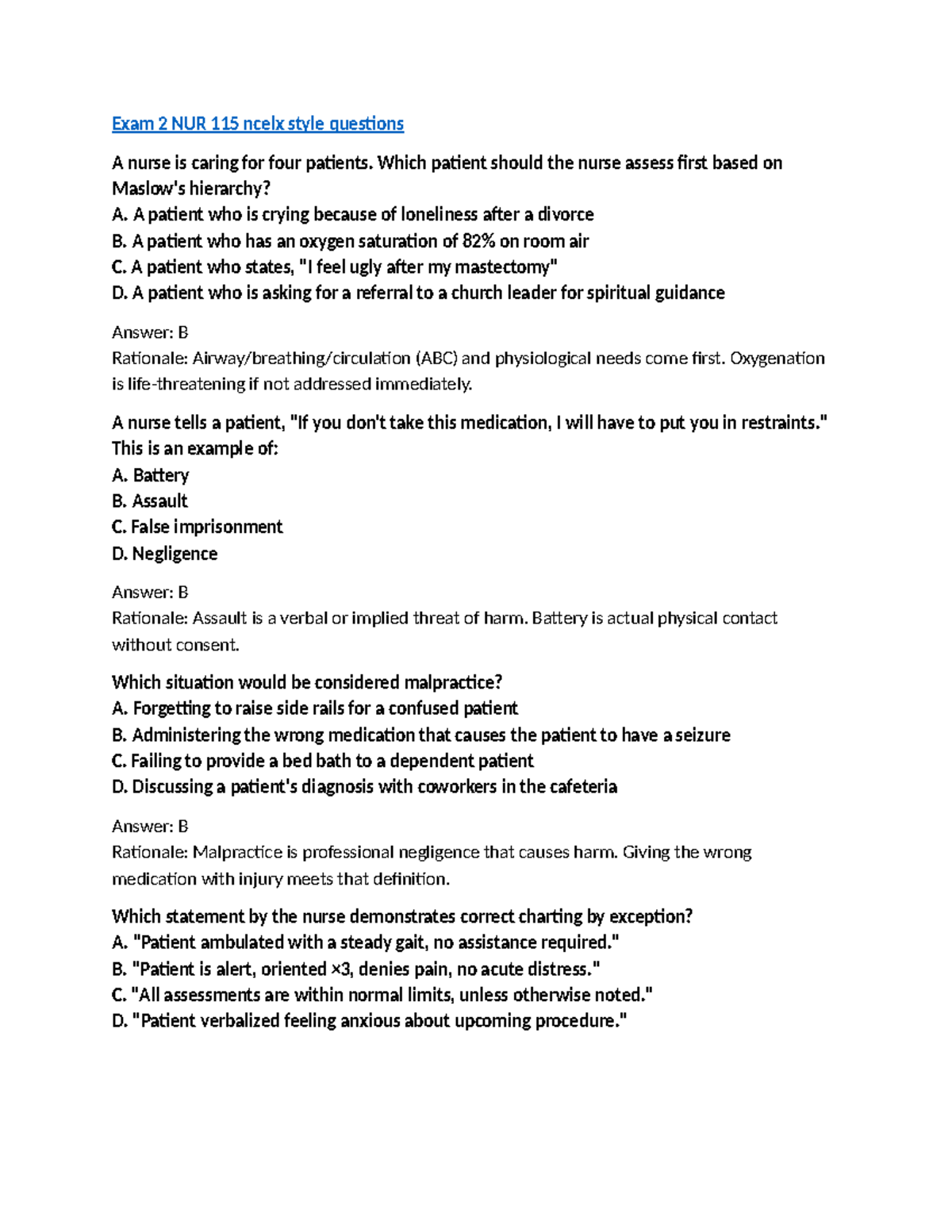 NUR 115 Exam 2 Study Guide - NCLEX Style Questions - Studocu