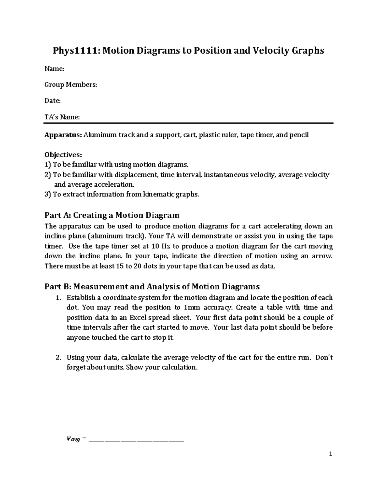 Phys1111 - Motion Diagrams Analysis: Position and Velocity Graphs - Studocu