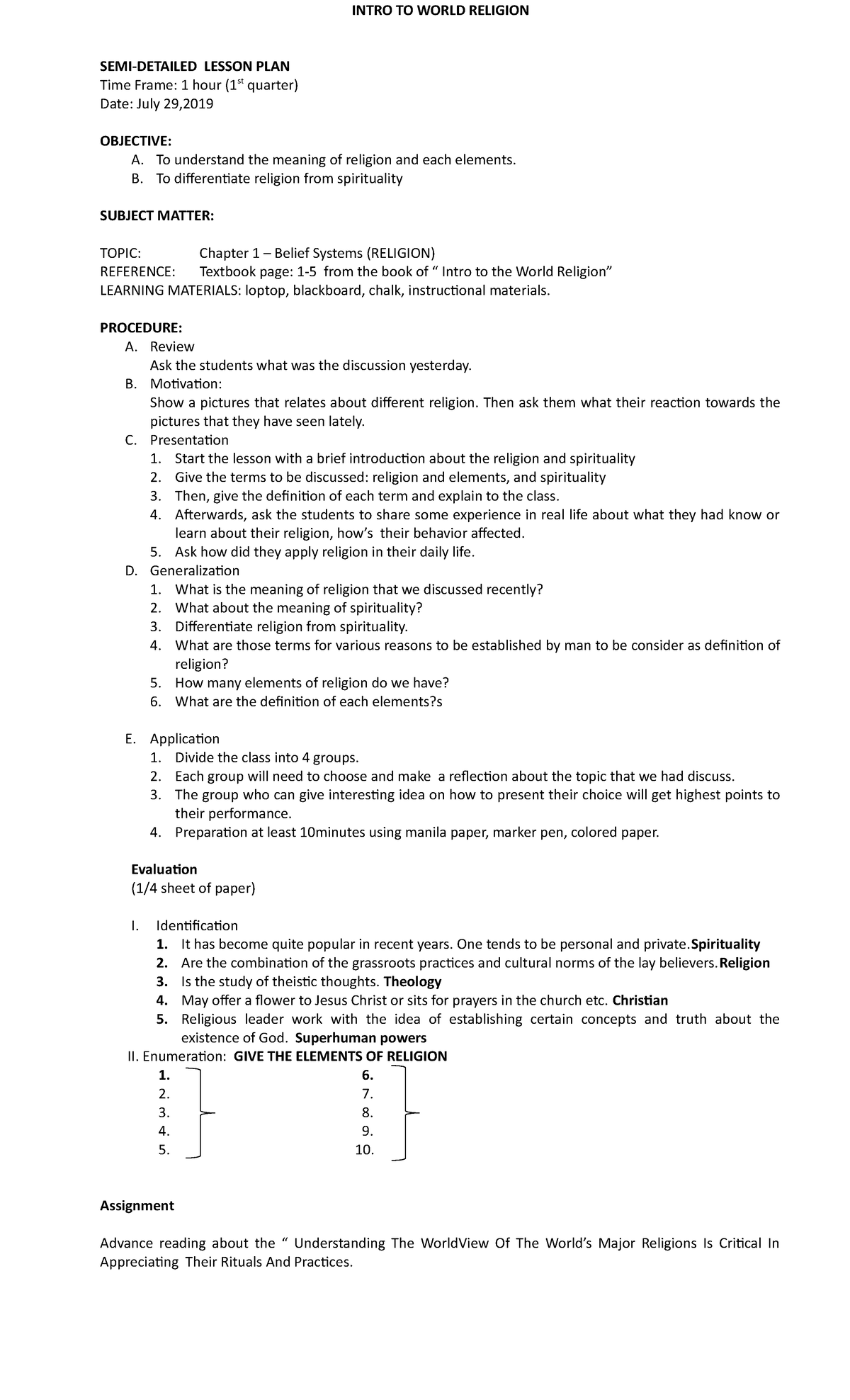 Intro to World Religion: Semi-Detailed Lesson Plan (1st Quarter) - Studocu