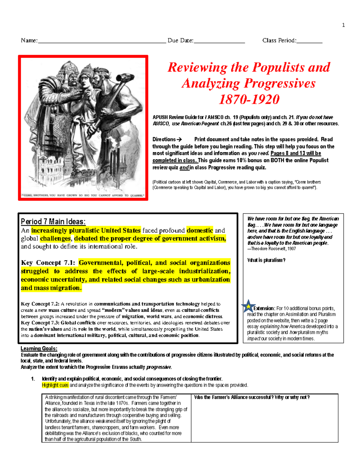 APUSH AMSCO Ch. 21 Review Guide: Populists & Progressives Overview ...