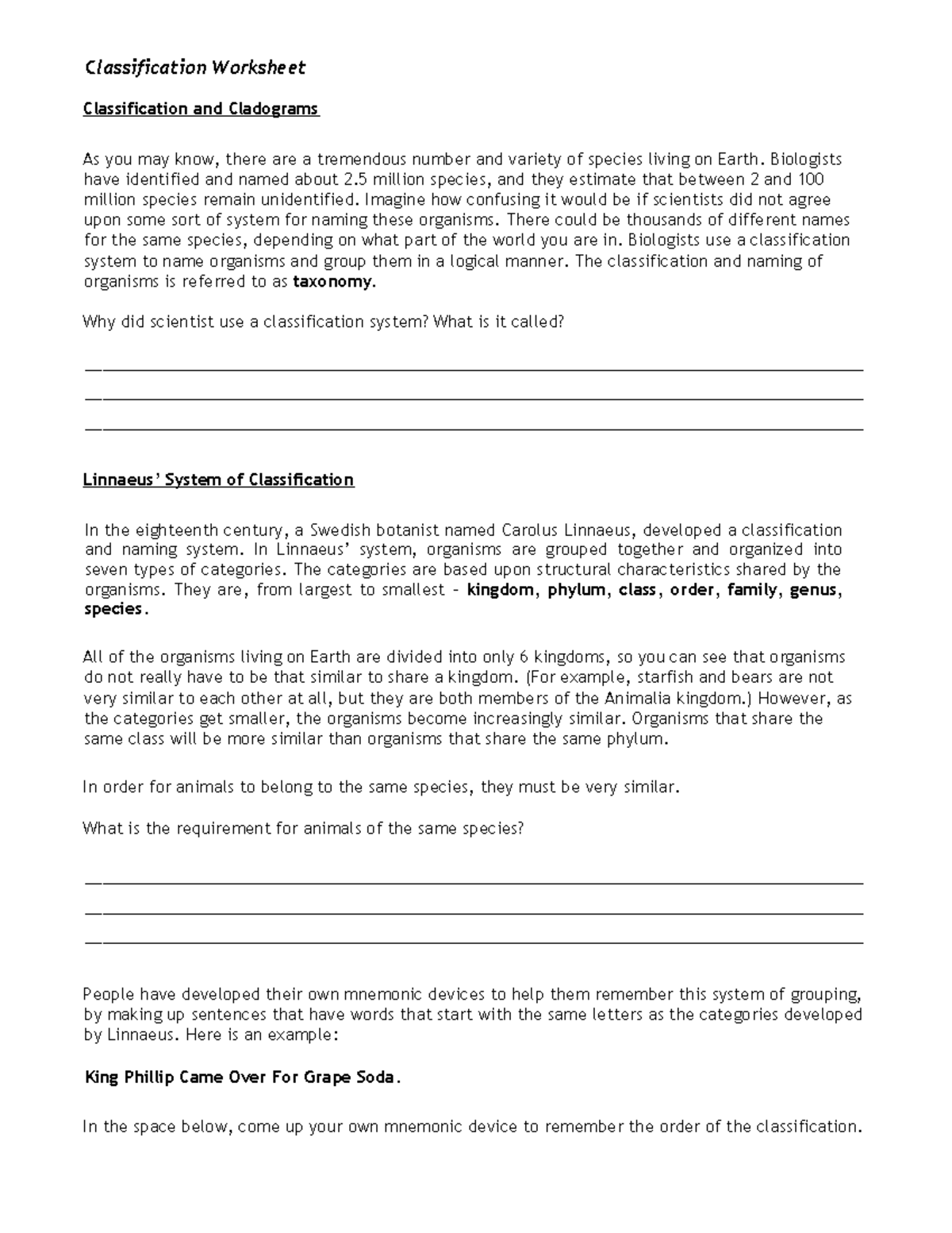 Classification Worksheet: Taxonomy and Cladograms Analysis - Studocu