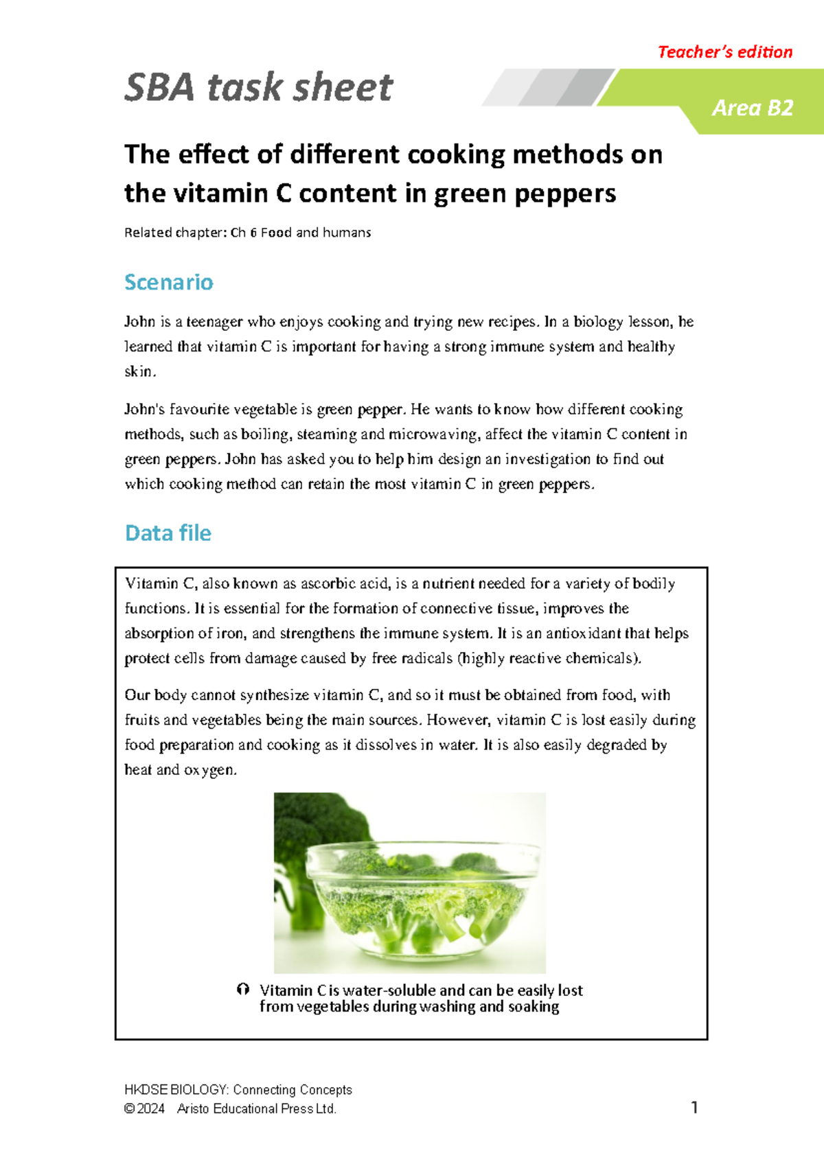 HKDSE BIOLOGY: SBA Task Sheet on Vitamin C Retention in Green Peppers ...