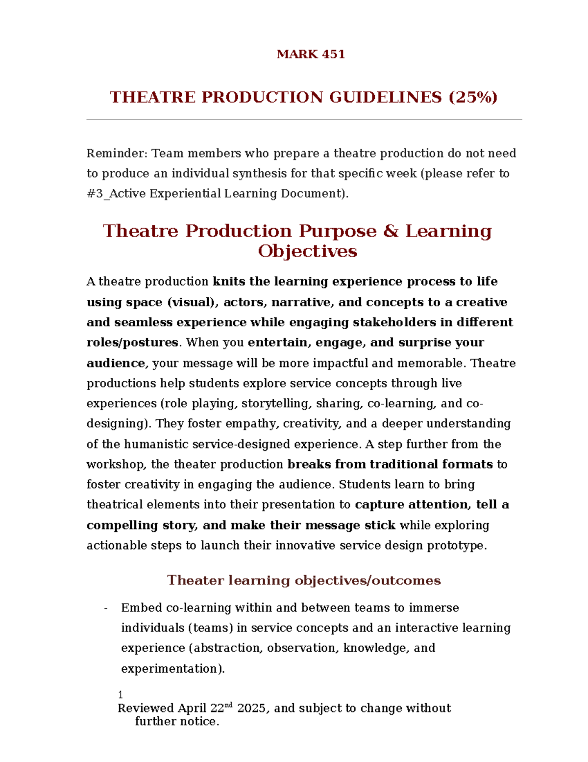 MARK 451 Theatre Production Guidelines and Best Practices - Studocu