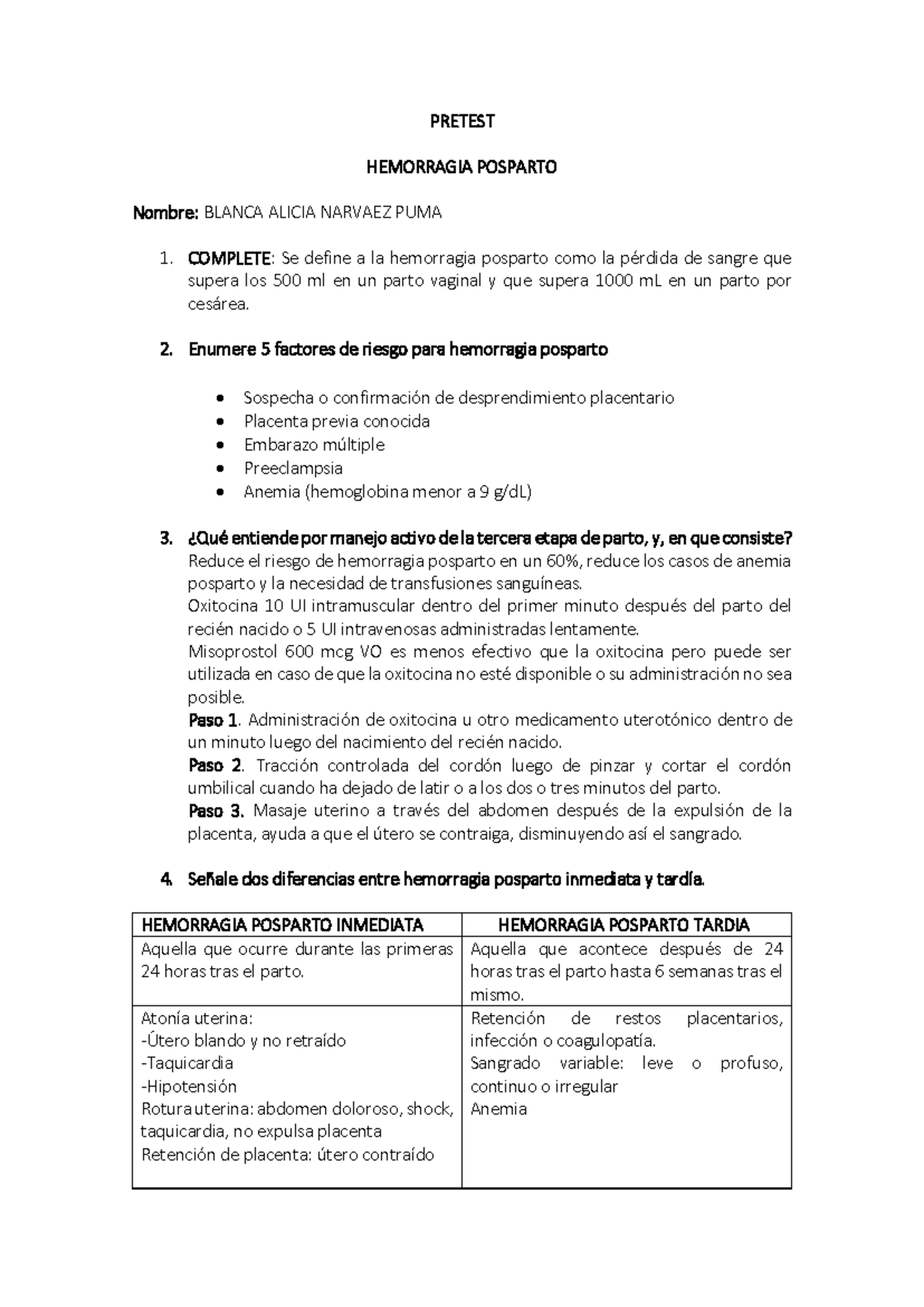 Pretest Hemorragia Posparto - BLANCA ALICIA NARVAEZ - Studocu