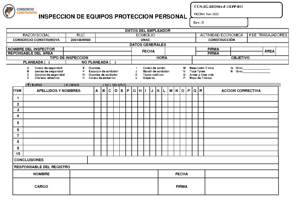 CCN-SG-SSOMA-F-I Inspección de Equipos de Protección Personal - Studocu