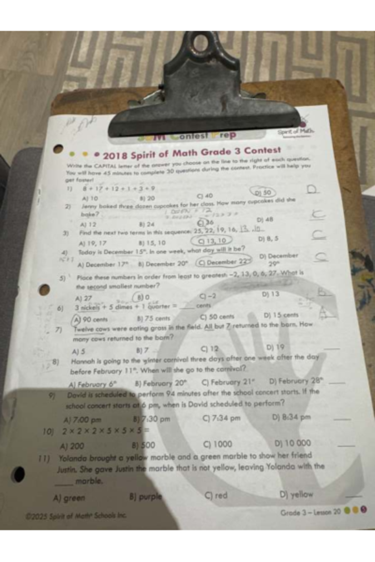 SPM - 111 Grade 3 Contest Practice Questions and Answers - Studocu