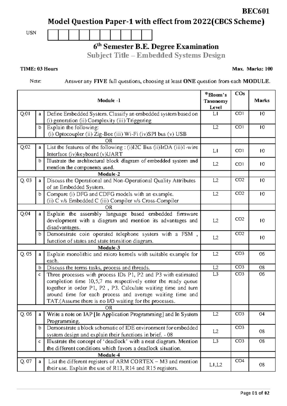 BEC601 Model Question Paper: Embedded Systems Design (2022) - Studocu