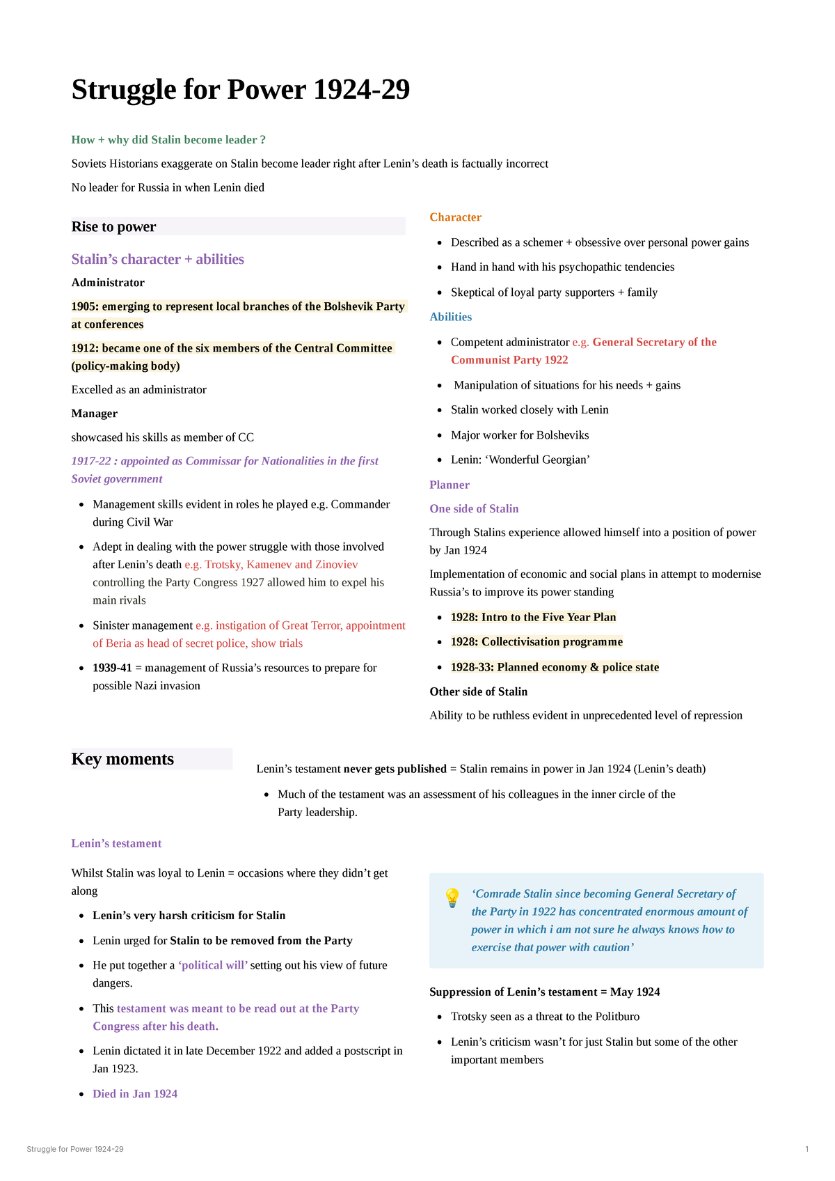 Stalin's Ascendancy: Power Struggles 1924-29 Analysis (HIST101) - Studocu