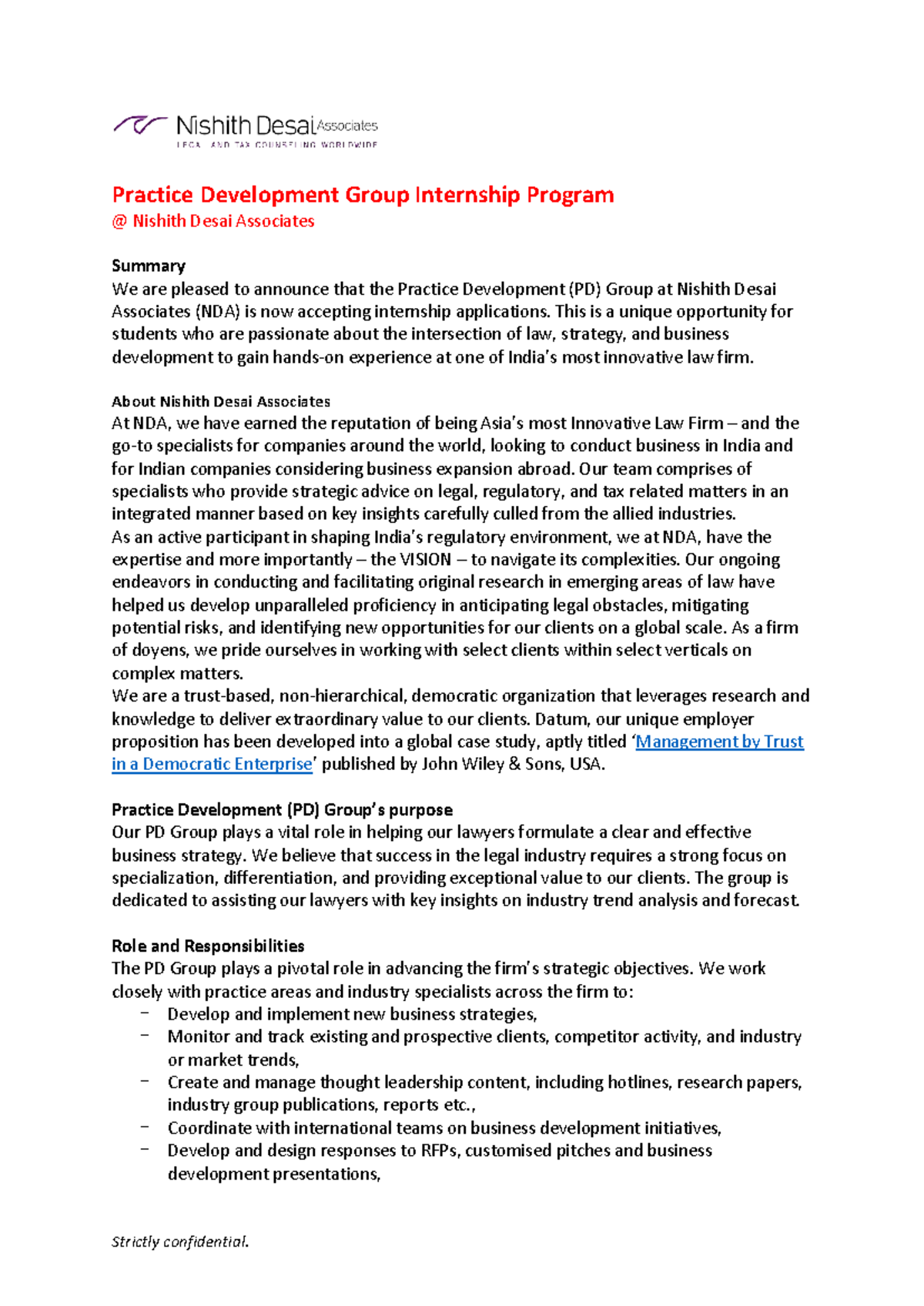 Practice Development Internship at NDA: Overview & Responsibilities ...