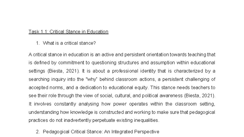 TRPR7412 Task 1: Critical Stance and Reflective Practice in Education ...