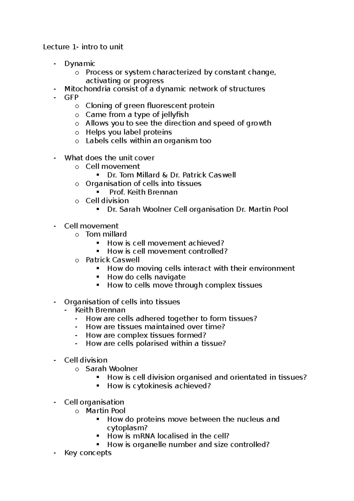 L1 - Dynamic Cell Organization & Movement - Lecture Notes - Studocu