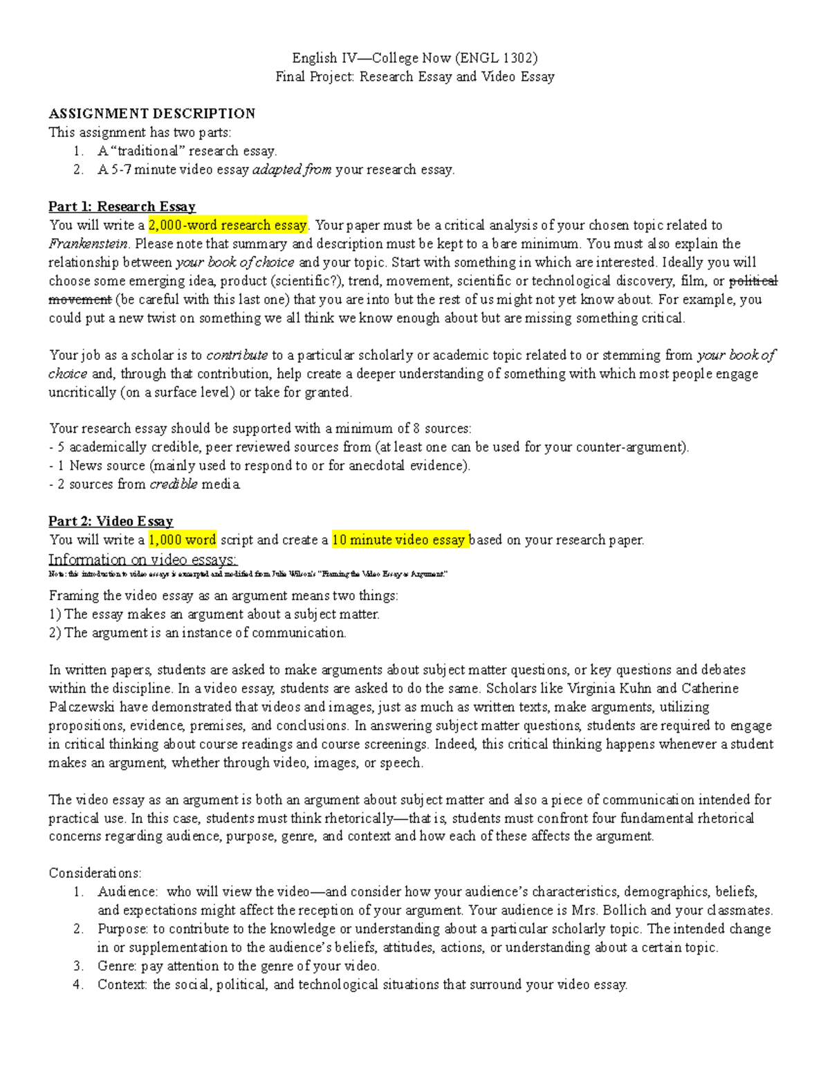 ENGL 1301 2020 Final Project Instructions - English IV—College Now ...