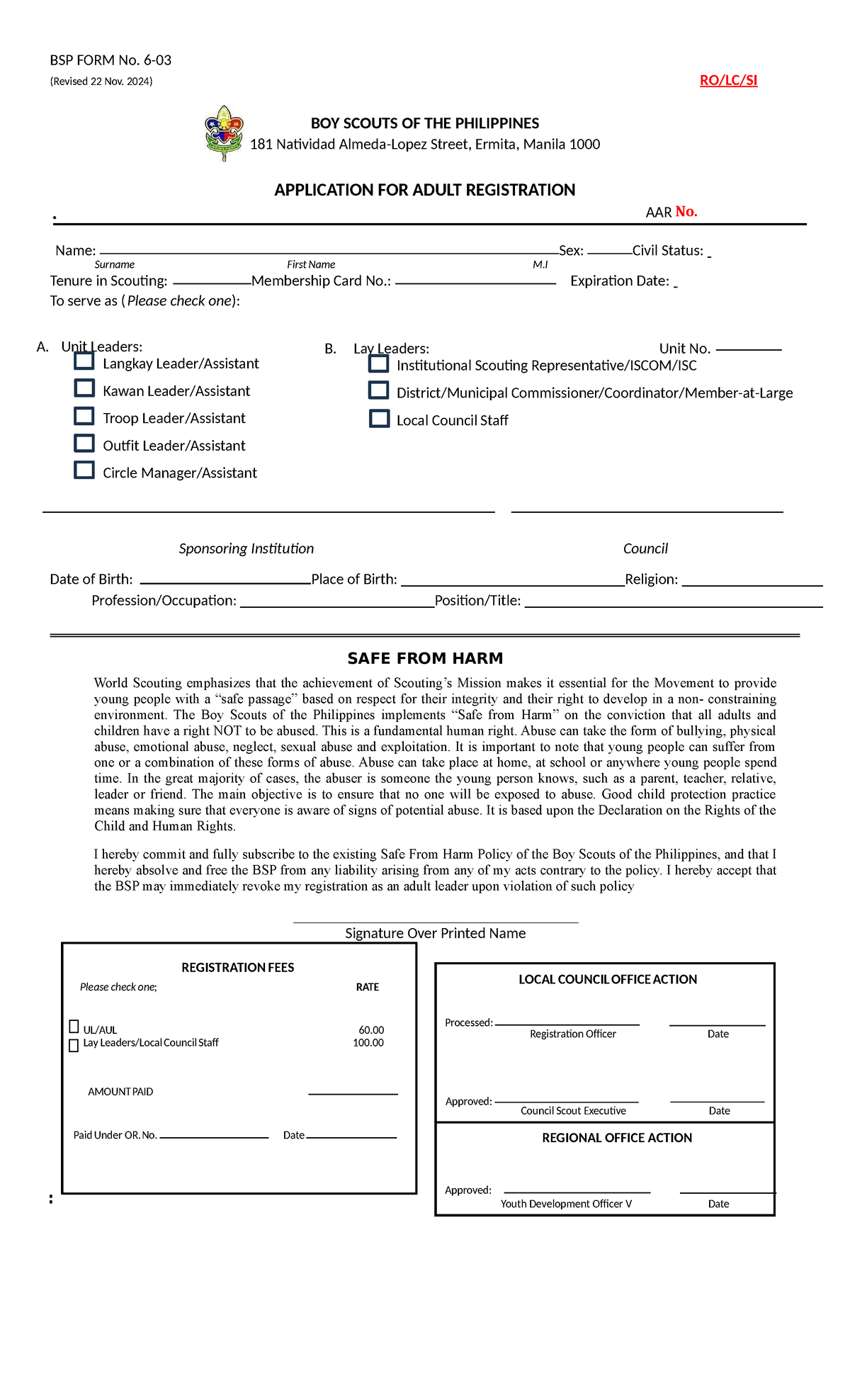 BSP Adult Registration Form (Revised 22 Nov. 2024) - Studocu