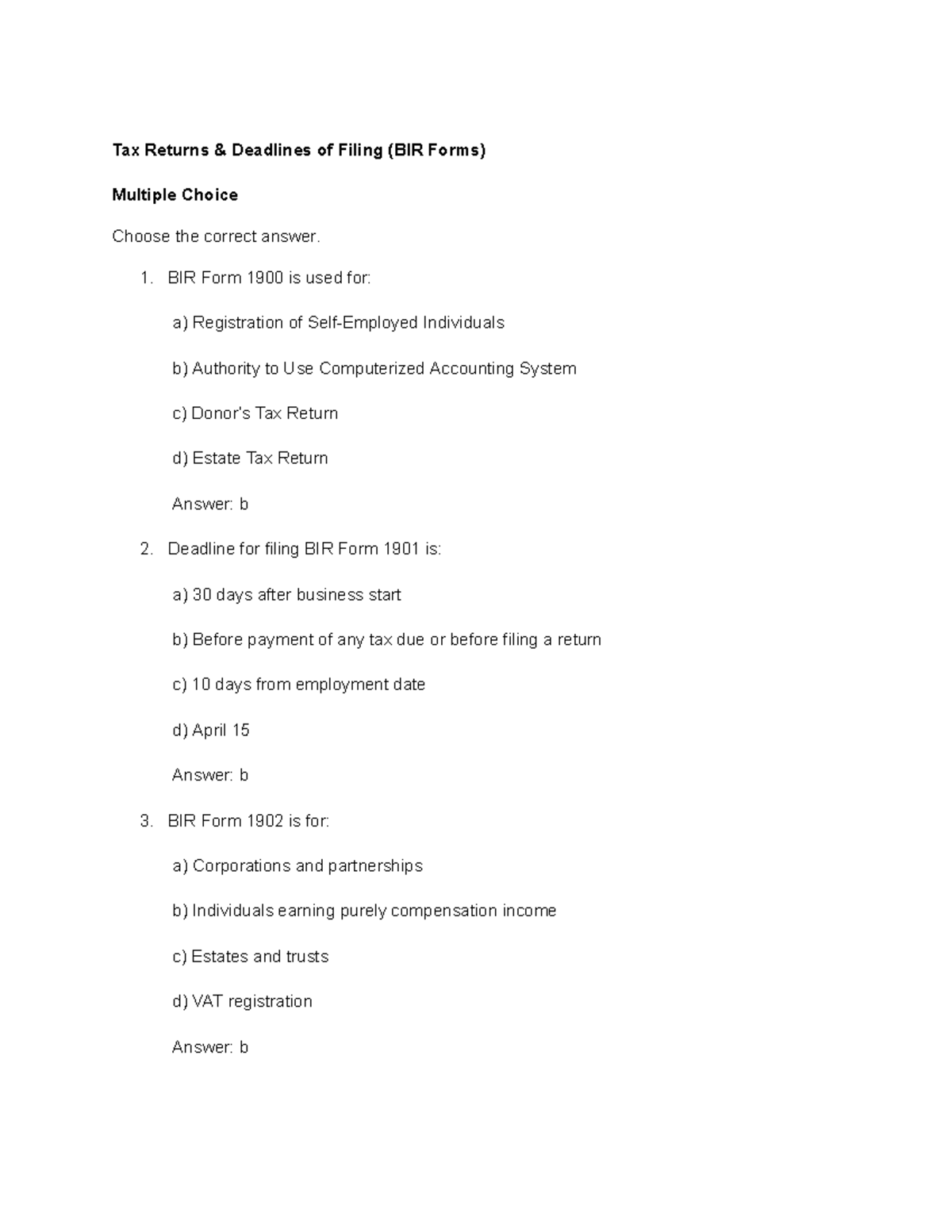 TAX Returns & Filings MCQ Practice Test (BIR Forms) - Studocu