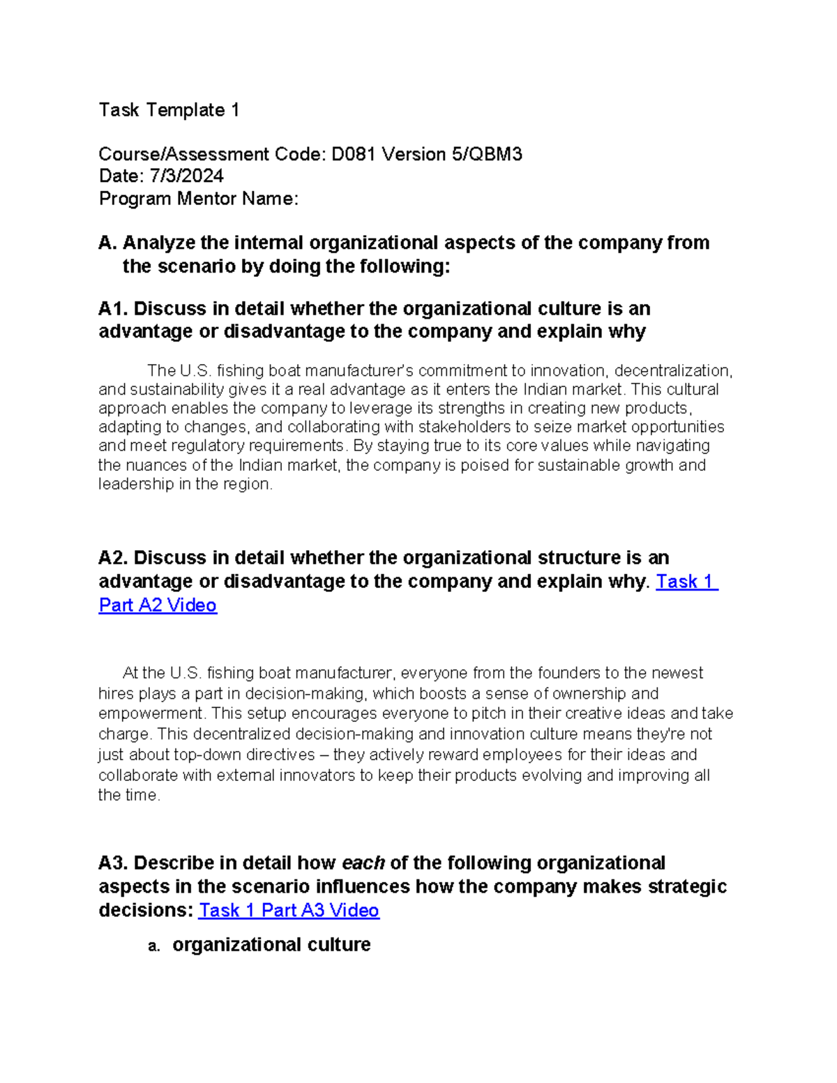 D081 V5-QBM3 Task 1 Analysis of Organizational Culture & Strategy 2024 ...