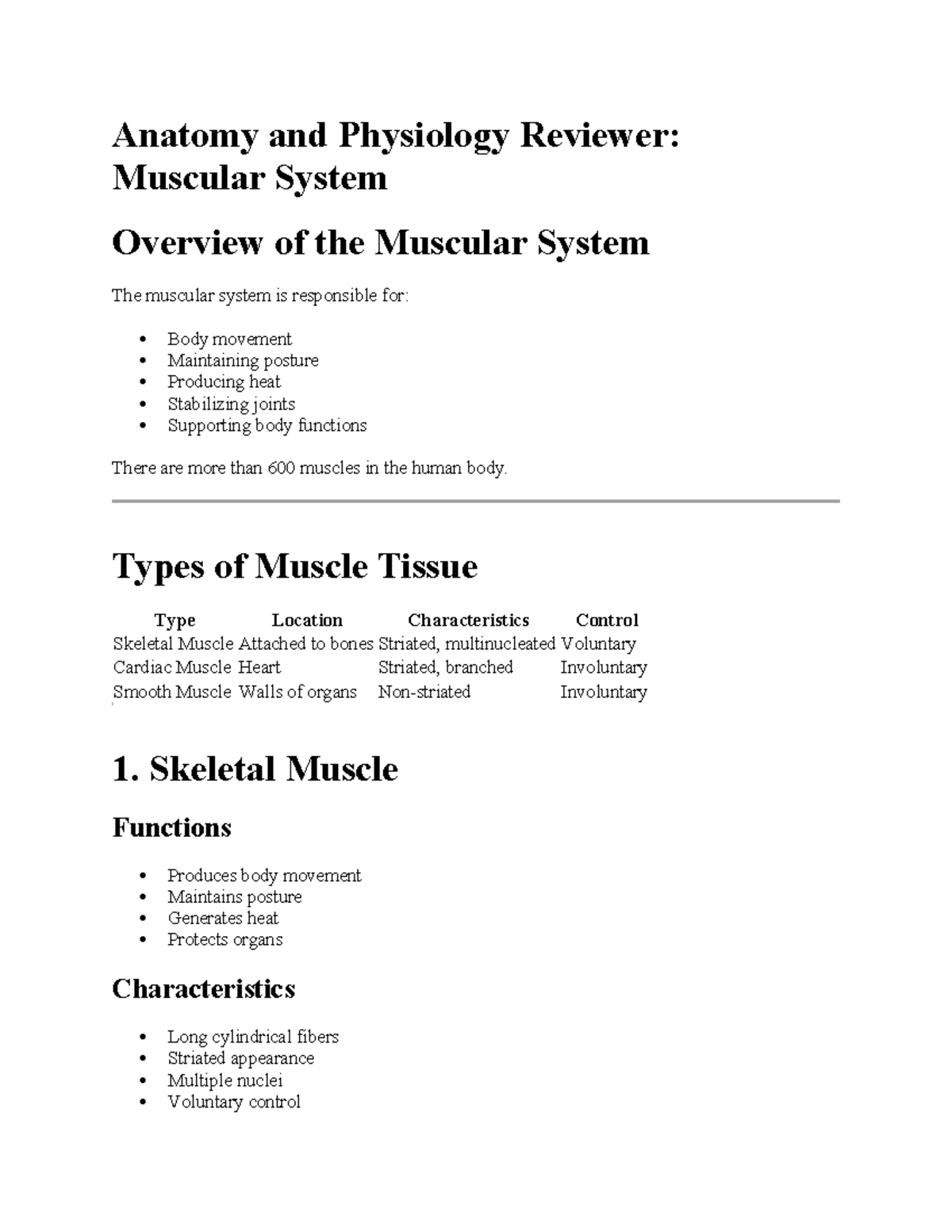 Anatomy and Physiology Reviewer: Muscular System Overview - Studocu