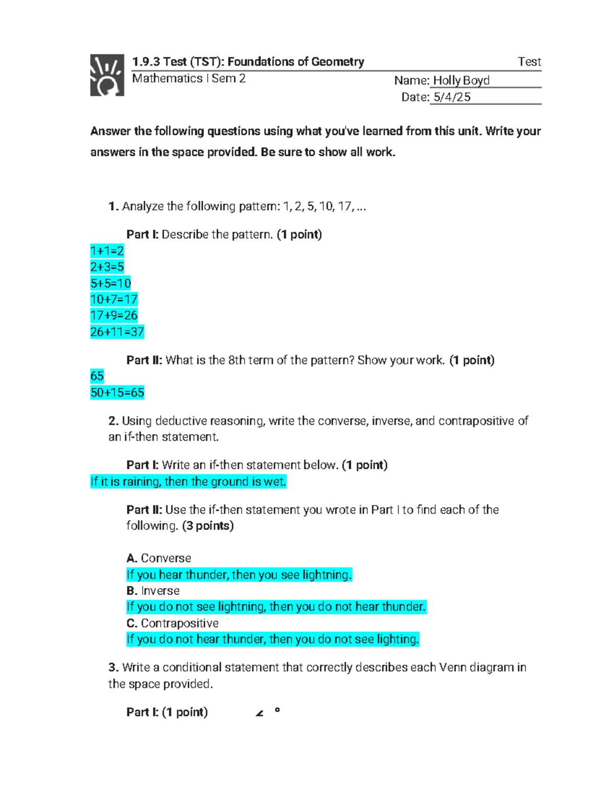 1.9.3 Test (TST): Foundations of Geometry Mathematics I Sem 2 - Studocu