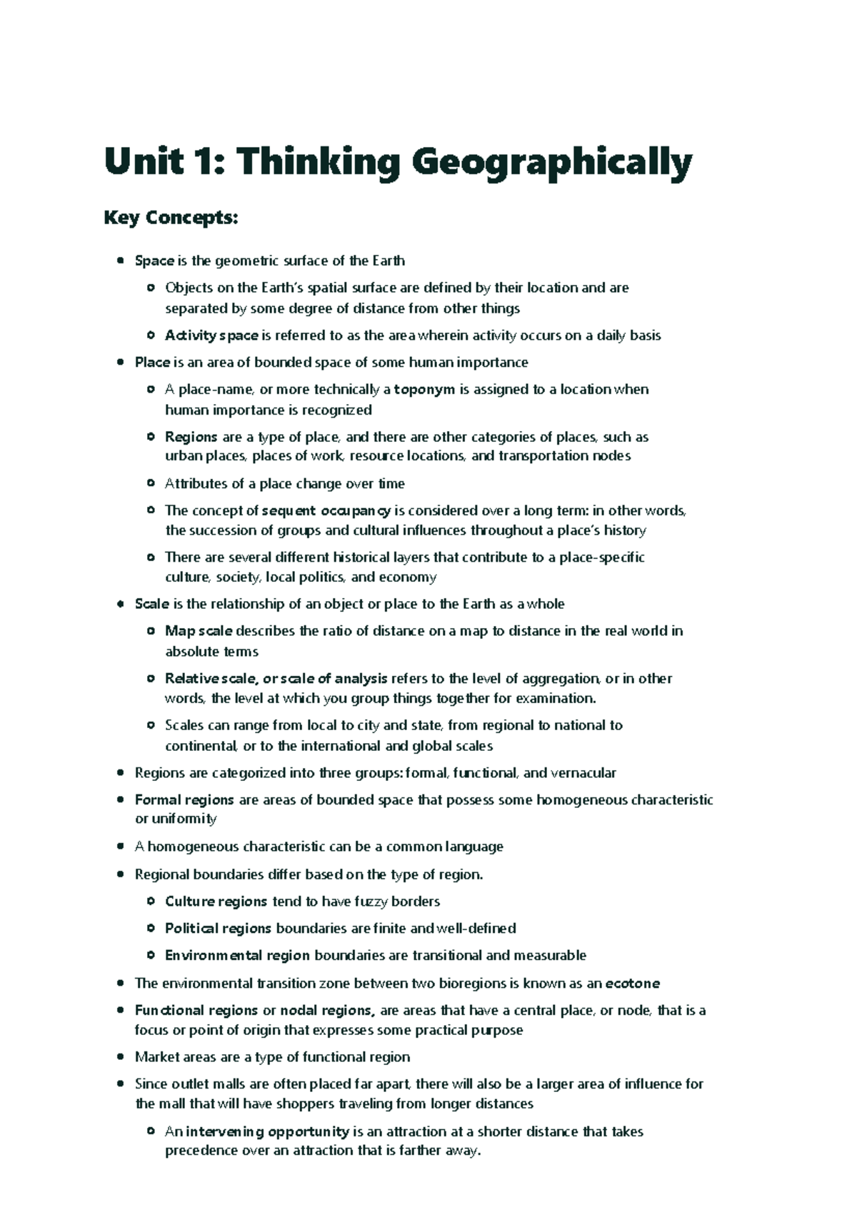 Unit 1: Thinking Geographically - Key Concepts and Models - Studocu