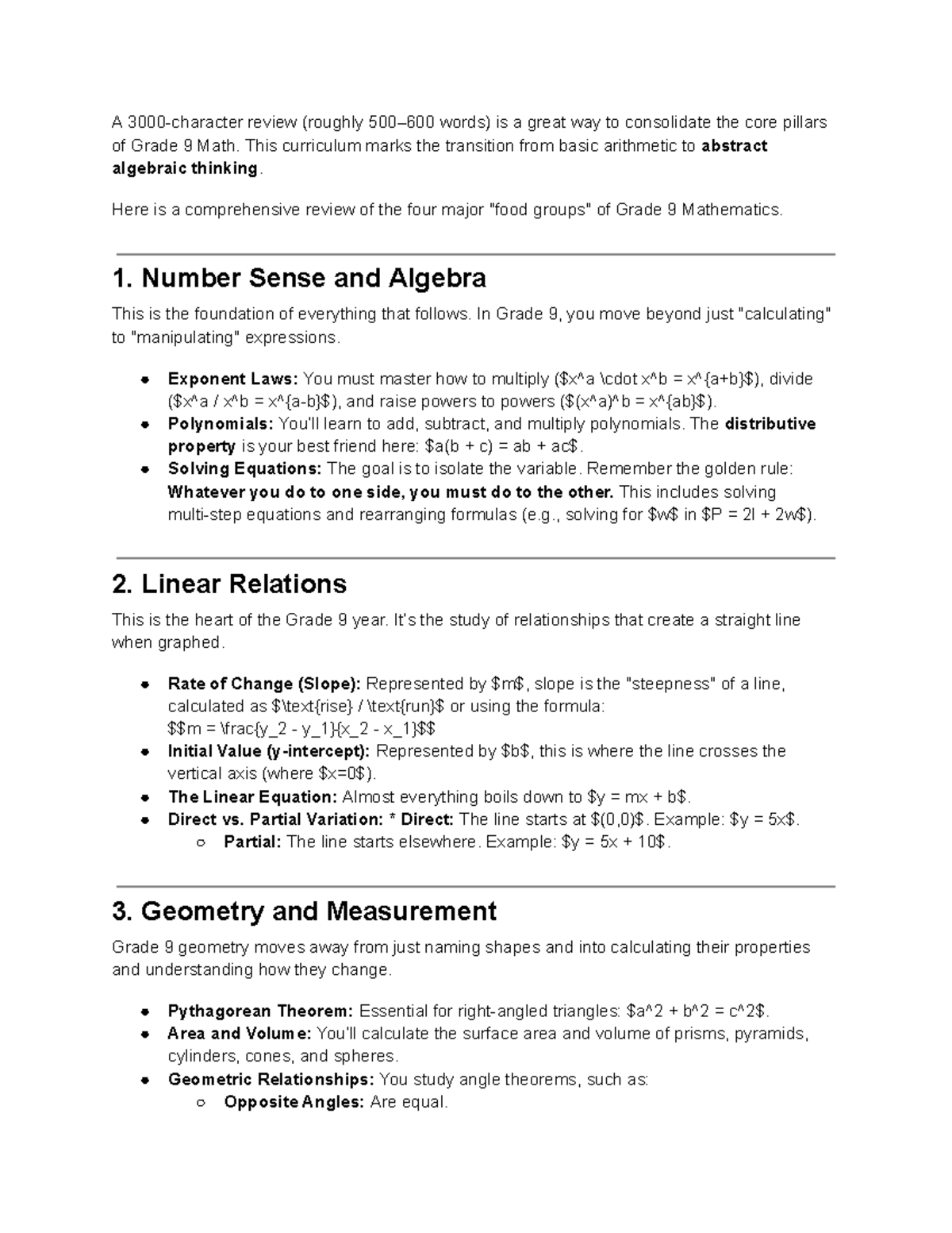 Grade 9 Math Review: Core Concepts and Key Pillars - Studocu