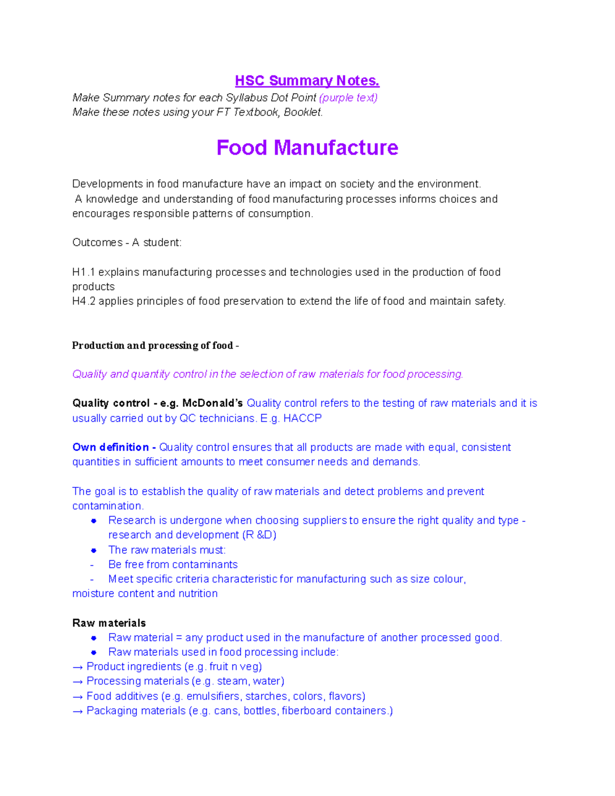 Food Manufacture HSC Summary Notes: Key Concepts & Processes - Studocu