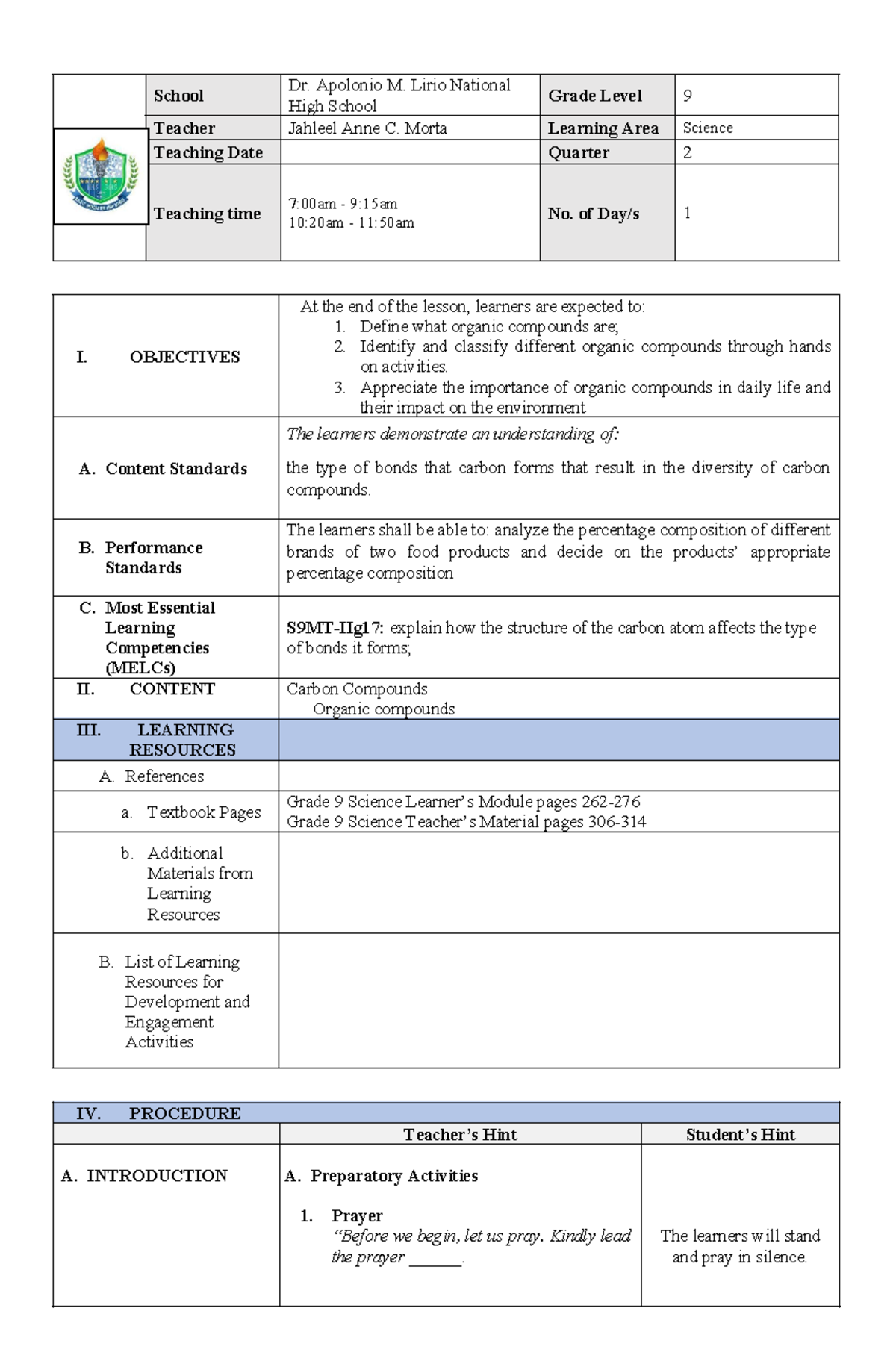 Carbon Compounds - Grade 9 Science Lesson Plan on Organic Compounds ...