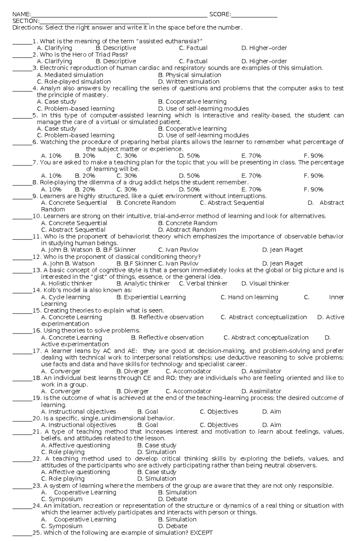 Health Education Quiz: Understanding Learning Theories and Simulations ...