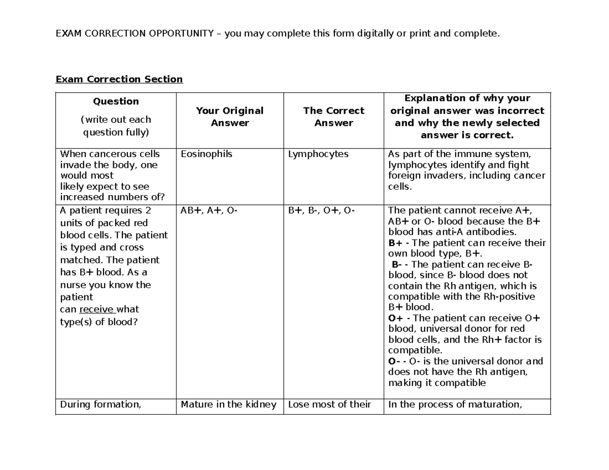 Exam Correction Worksheet - Exam Correction Section Question (write out ...