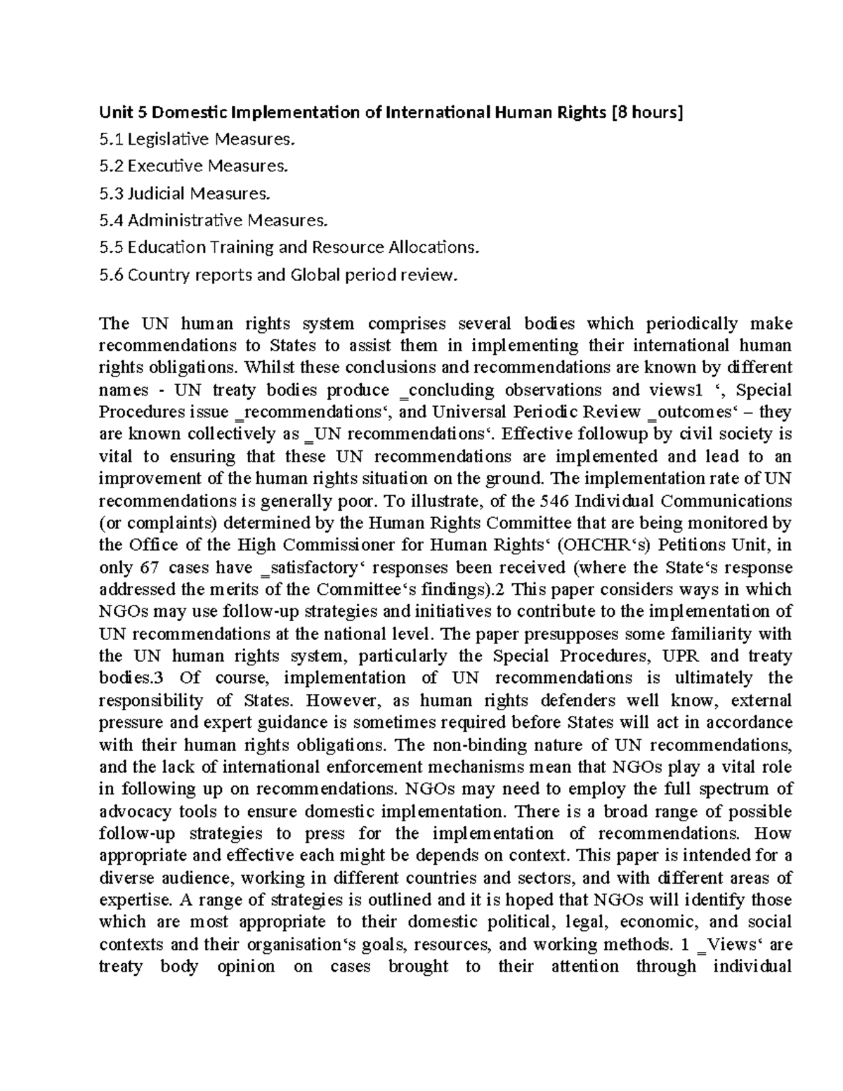 Unit 5: Domestic Implementation of Int'l Human Rights - Legislative ...