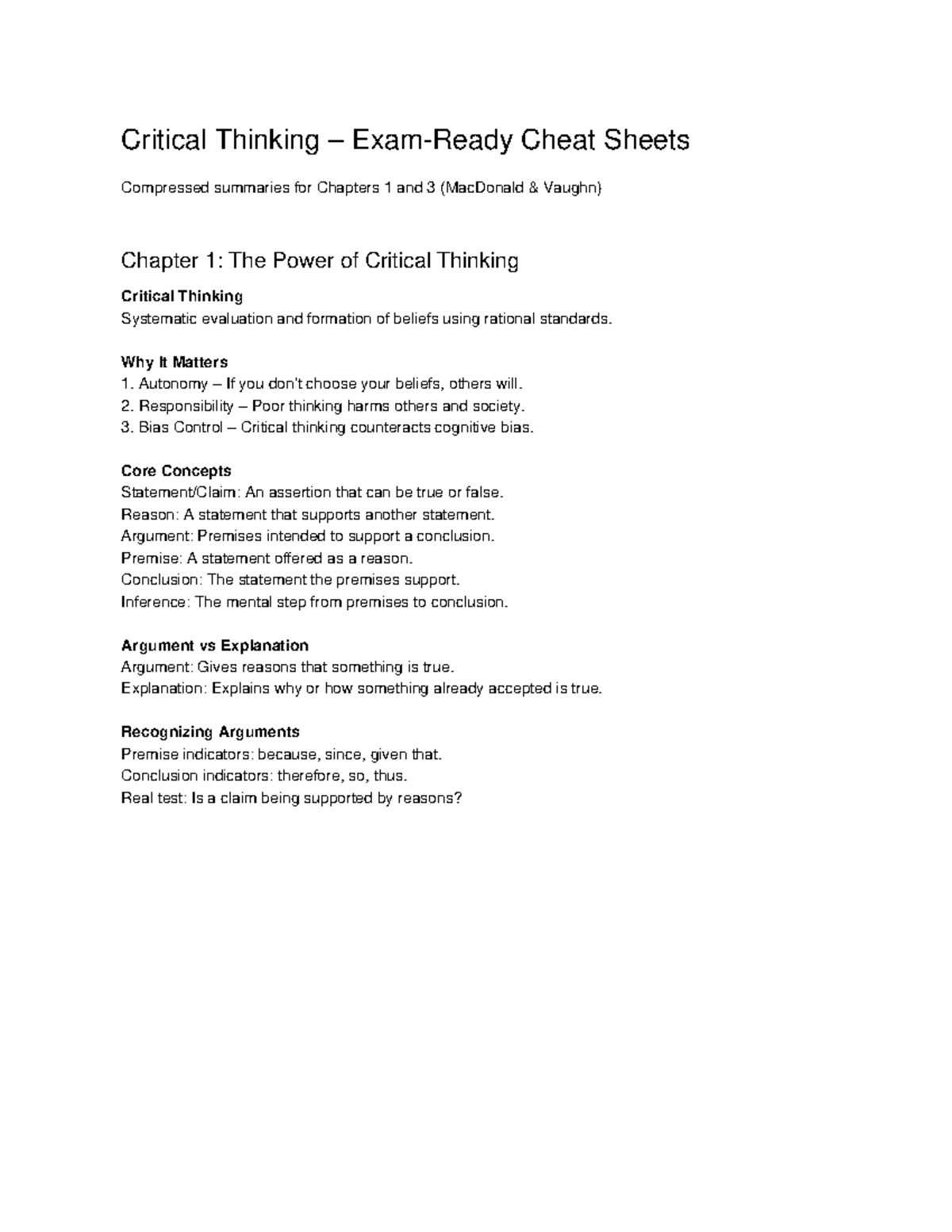 Critical Thinking Cheat Sheet: Summaries for Ch. 1 & 3 - Studocu