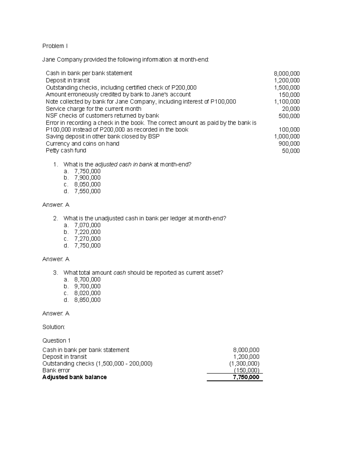 Intermediate Accounting 1A - Bank Reconciliation Problems & Solutions - Studocu
