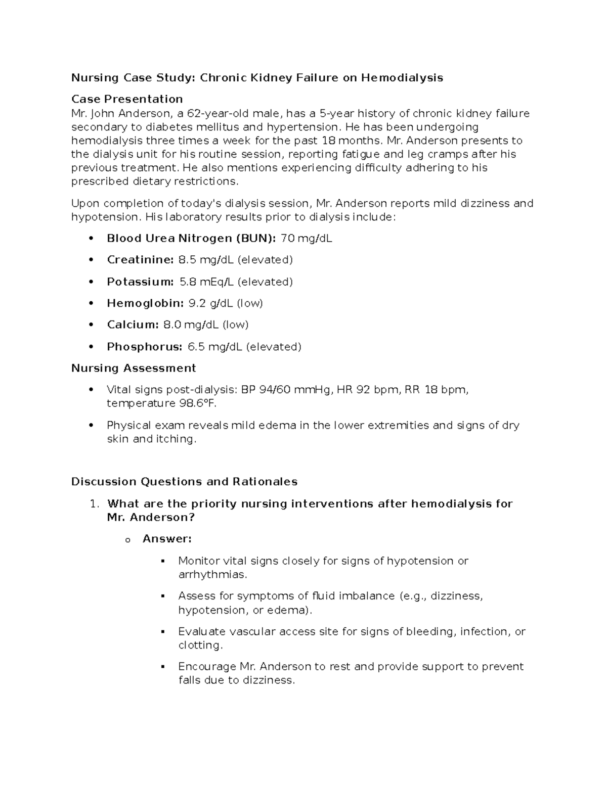 CKD Hemodialysis Case Study Unit 1: Mr. Anderson's Nursing Care - Studocu