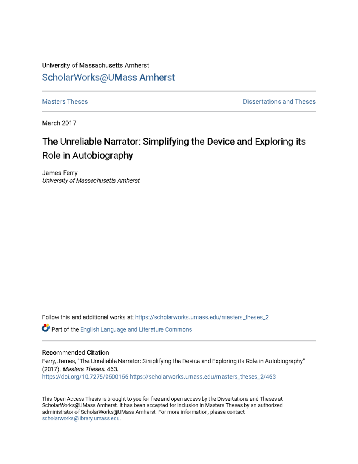 The Unreliable Narrator: A Study of Its Role in Autobiography (ENG 463 ...