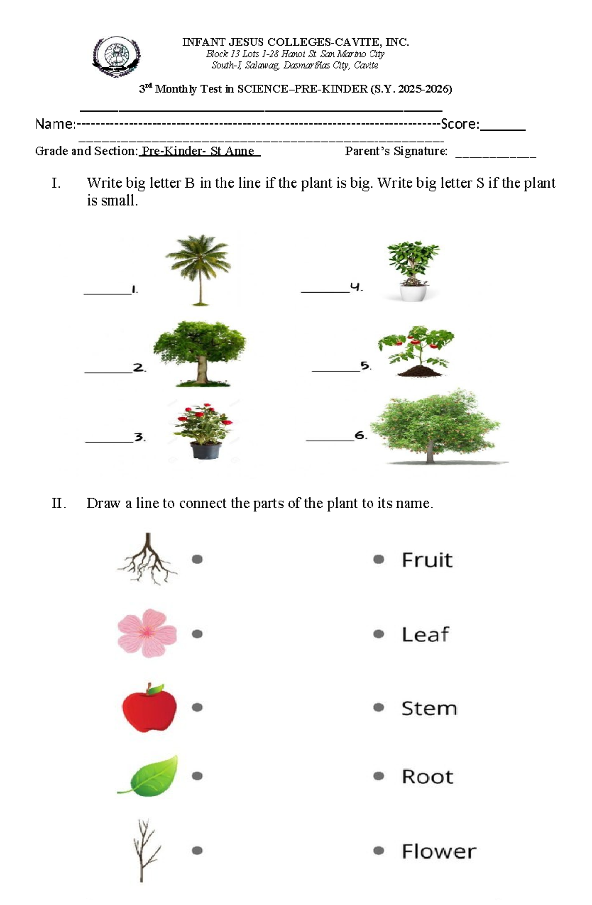 3rd Monthly Test PRE Kinder- Science SY 2025-2026 - INFANT JESUS ...