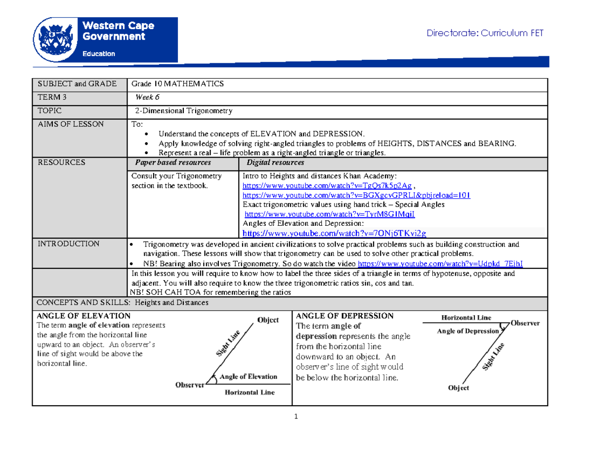 Mathematics Grade 10 Term 3 Week 6: Trigonometry Concepts and ...