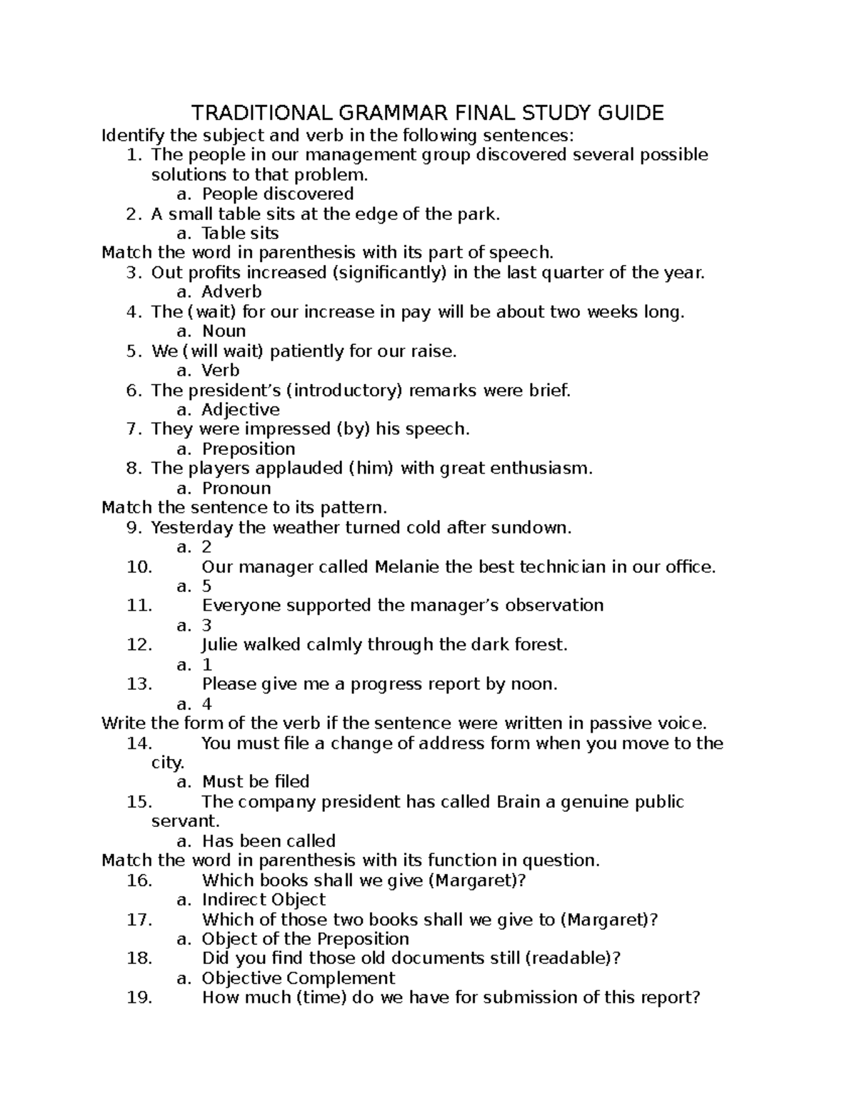 TRADITIONAL GRAMMAR FINAL STUDY GUIDE: Key Concepts & Exercises - Studocu