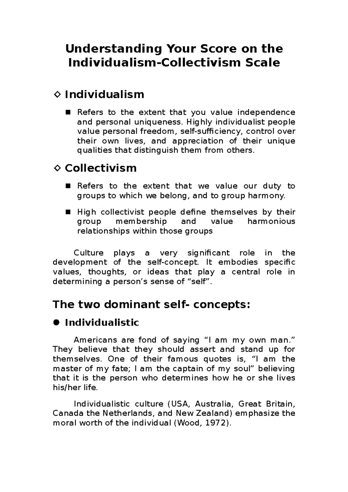 Understanding Your Score on the Individualism-Collectivism Scale - Studocu
